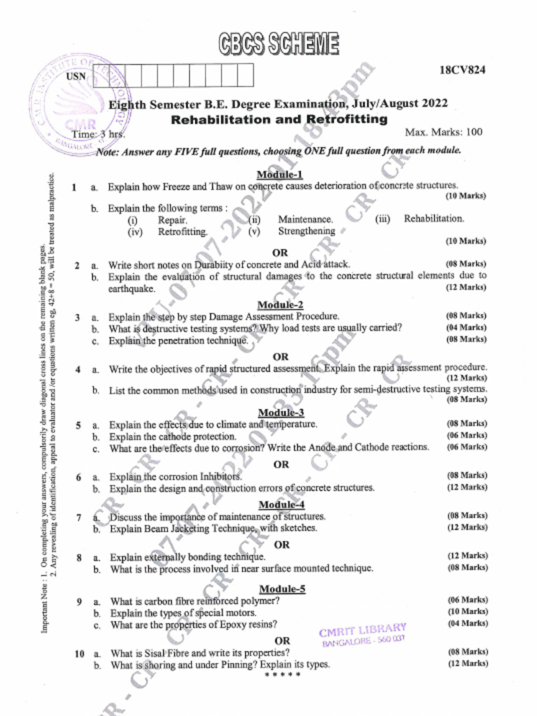 VTU Question Paper of 18CV824 Rehabilitation and Retrofitting June-2022 | PDF
