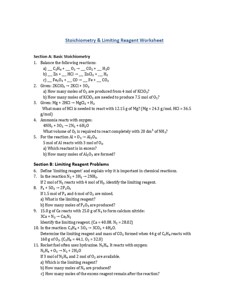 Stoichiometry & Limiting Reagents Worksheet | PDF