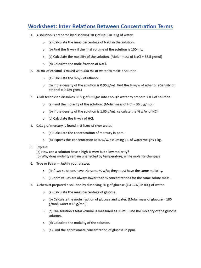 Worksheet: Inter-Relations Between Concentration Terms: o o o o | PDF