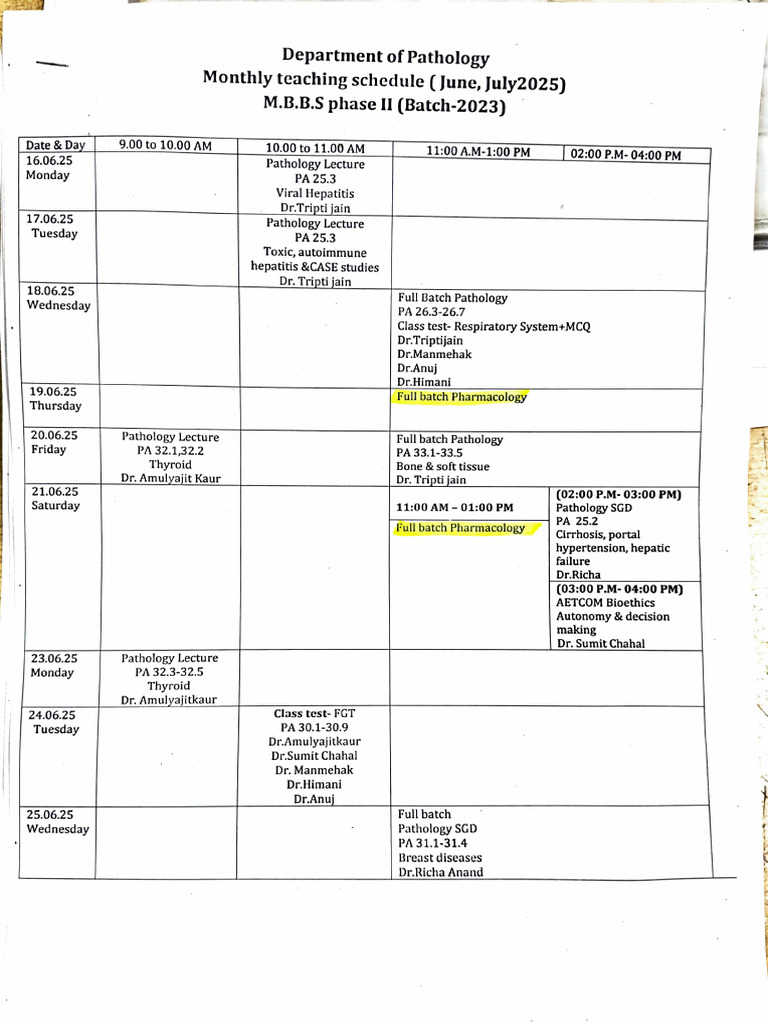 Monthly Teaching Schedule MBBS Batch 2023 For The Month of June, July ...