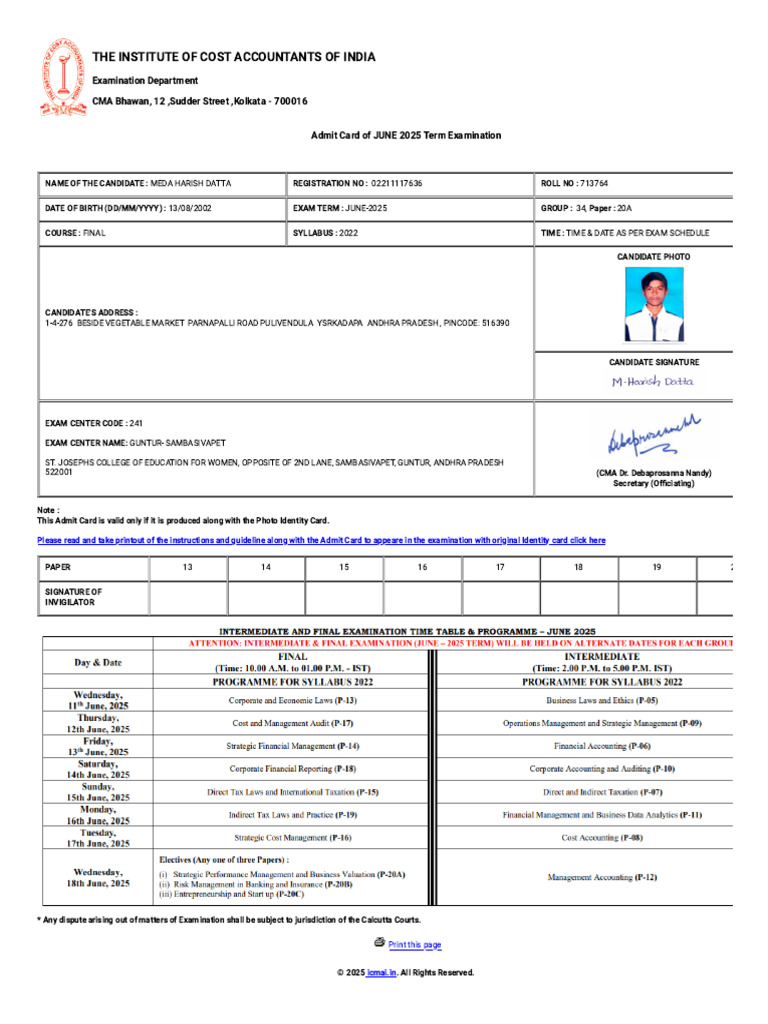 CMA June 2025 Admit Card Details | PDF | Government