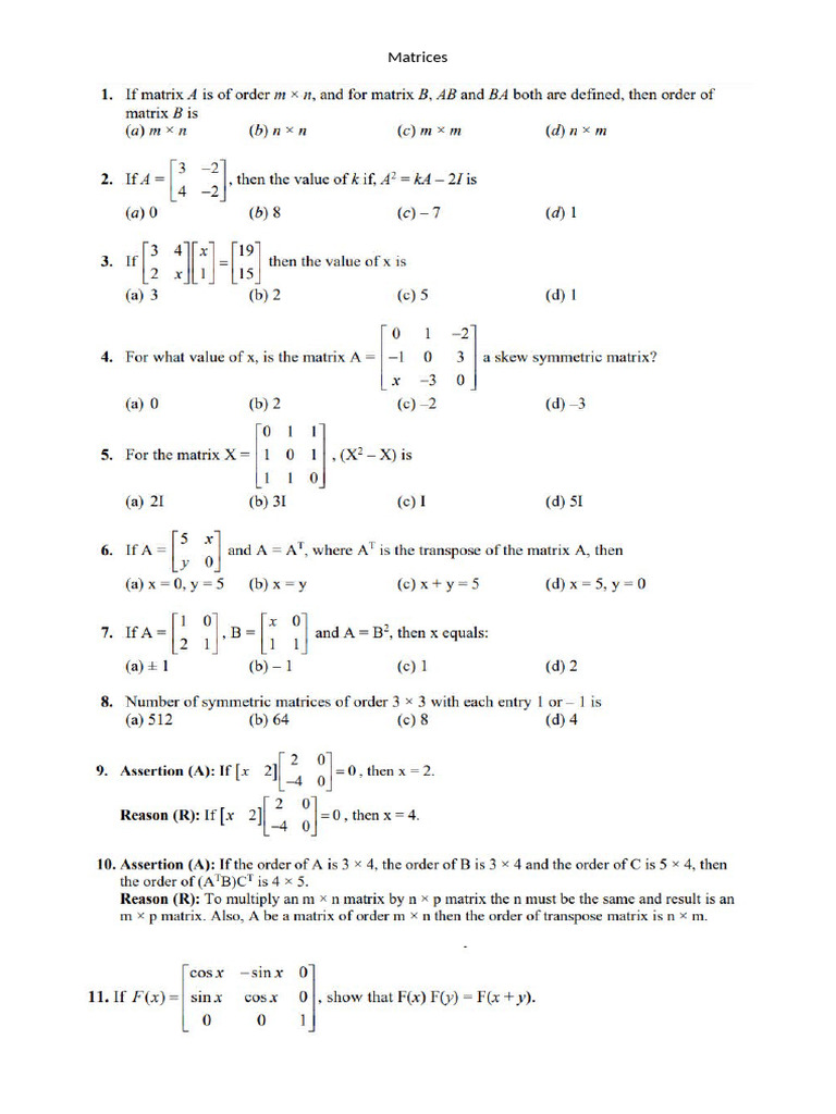 Matrices and Determinants Practice Sheet 2025 | PDF