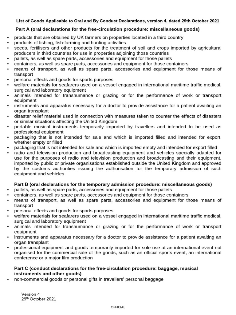 List of Goods Applicable To Oral and by Conduct Declarations Version 4 ...