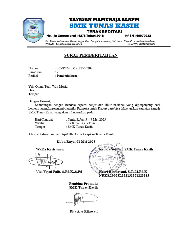 Surat Pemberitahuan Kelas 12 | PDF
