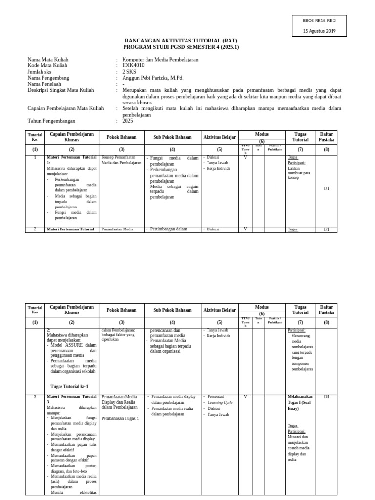 RANCANGAN AKTIVITAS TUTORIAL (RAT) 2025 Ok | PDF