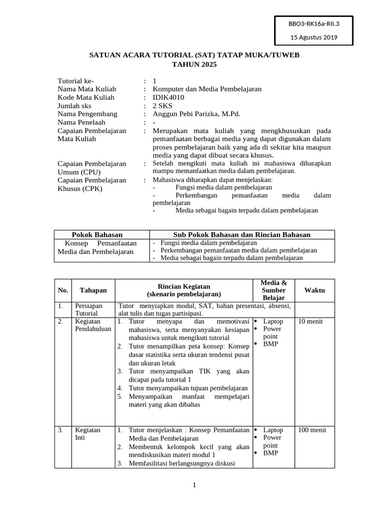 Satuan Acara Tutorial (SAT) | PDF