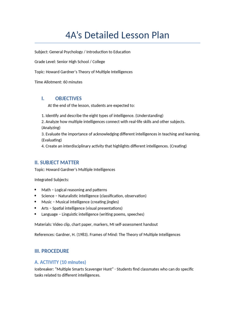 4A's Detailed Lesson Plan | PDF | Intelligence | Learning
