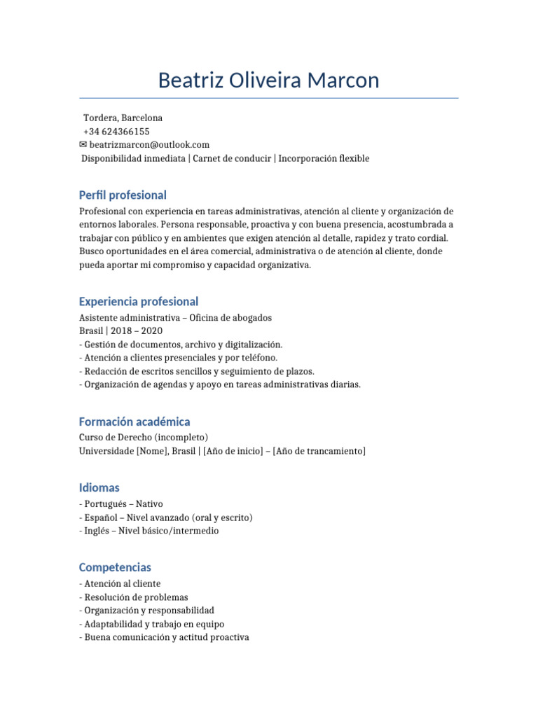 CV Beatriz Oliveira Marcon Con Foto | PDF