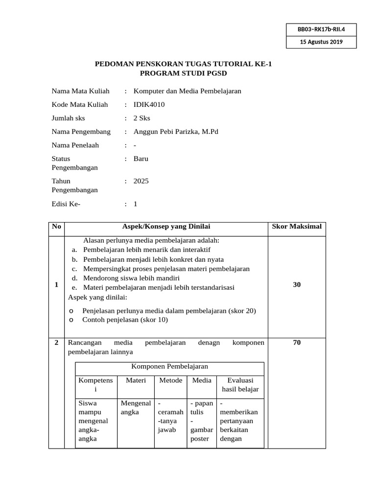 Pedoman Penskoran Tugas Tutorial 2025 | PDF