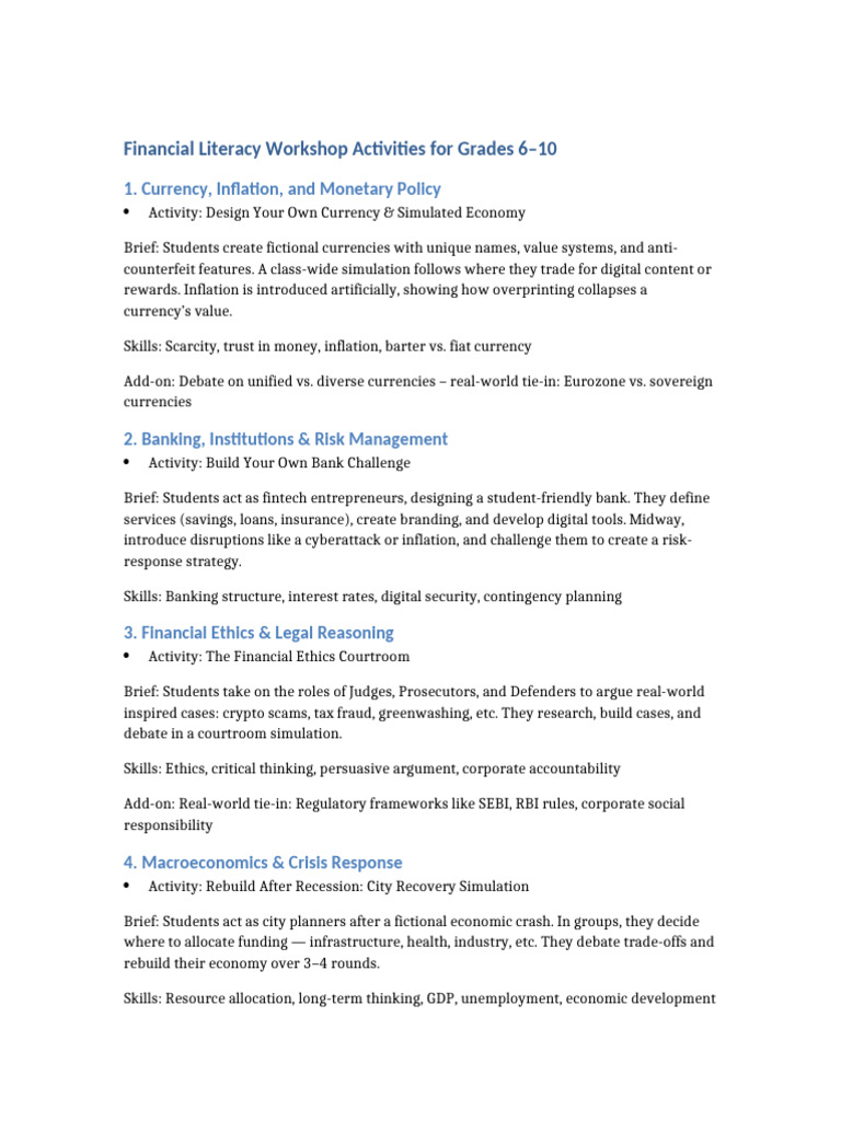 Financial Literacy Activities for Grades 6-10 | PDF | Currency | Inflation