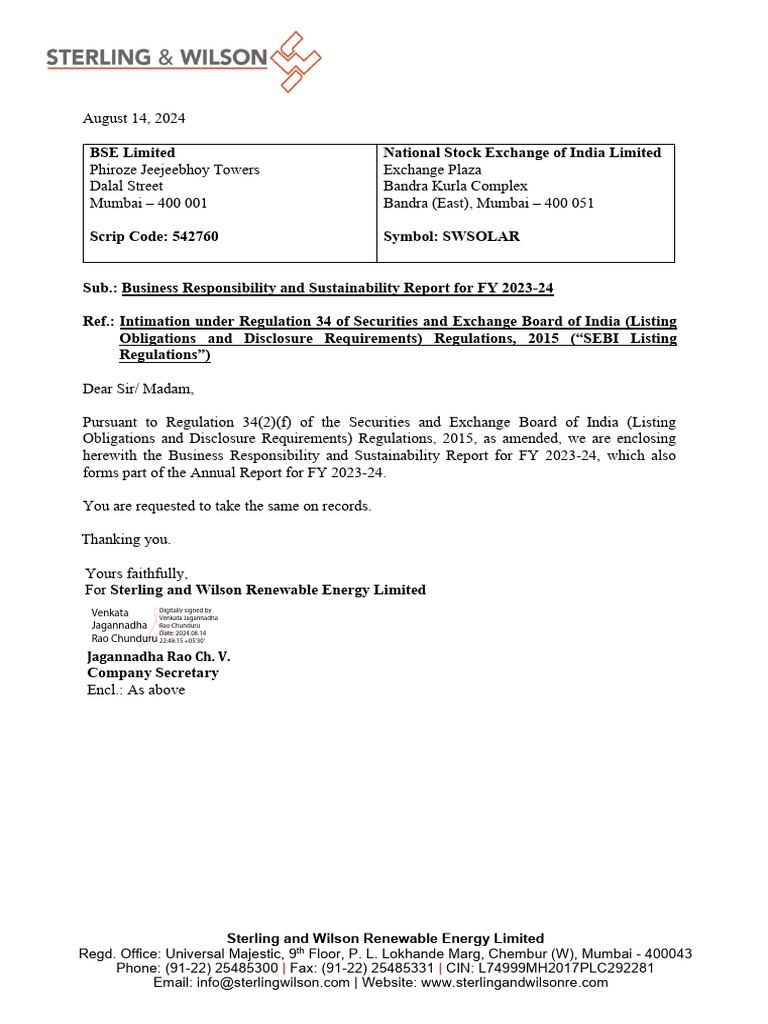 Business Responsibility and Sustainability Report STERLING and WILSON ...