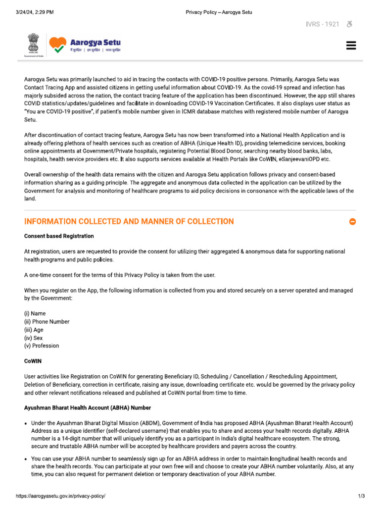 Aarogya Setu - Privacy Policy | PDF