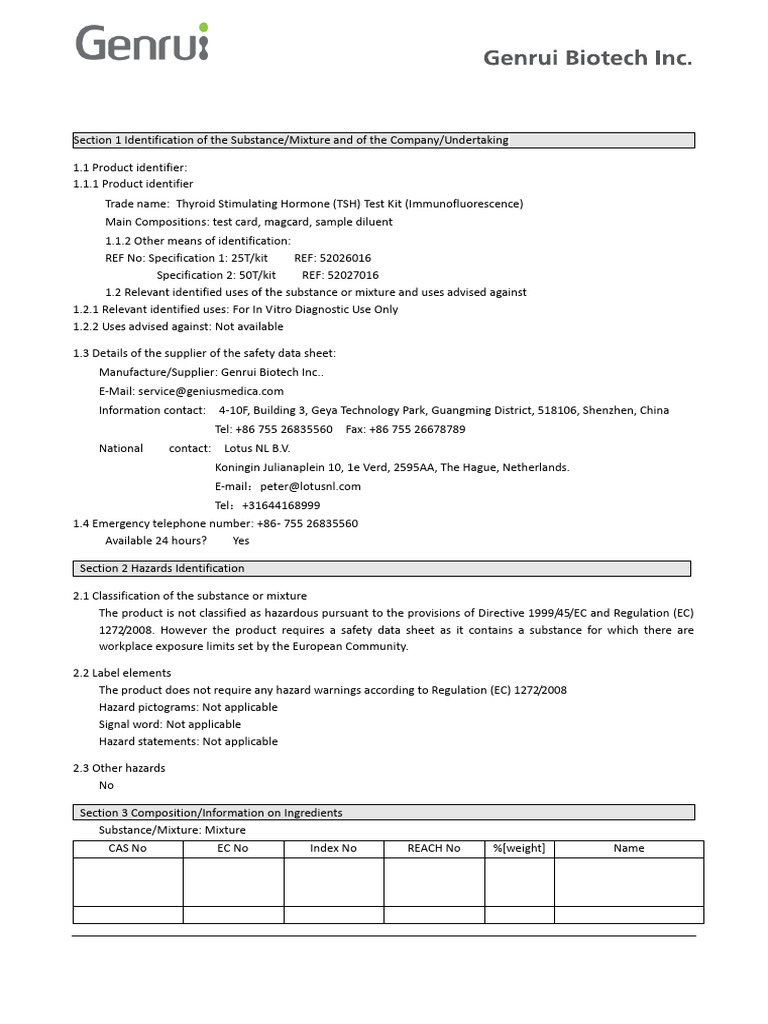 TSH Test Kit Safety Data Sheet | PDF | Dangerous Goods | Toxicity