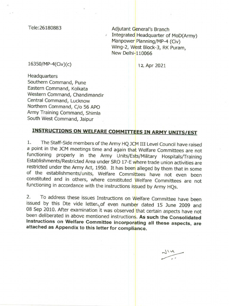 Instructions on Welfare Committees in Army Units Estt | PDF