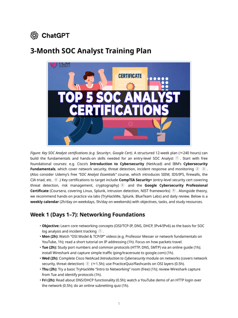 3-Month SOC Analyst Training Plan | PDF | Internet Protocol Suite ...