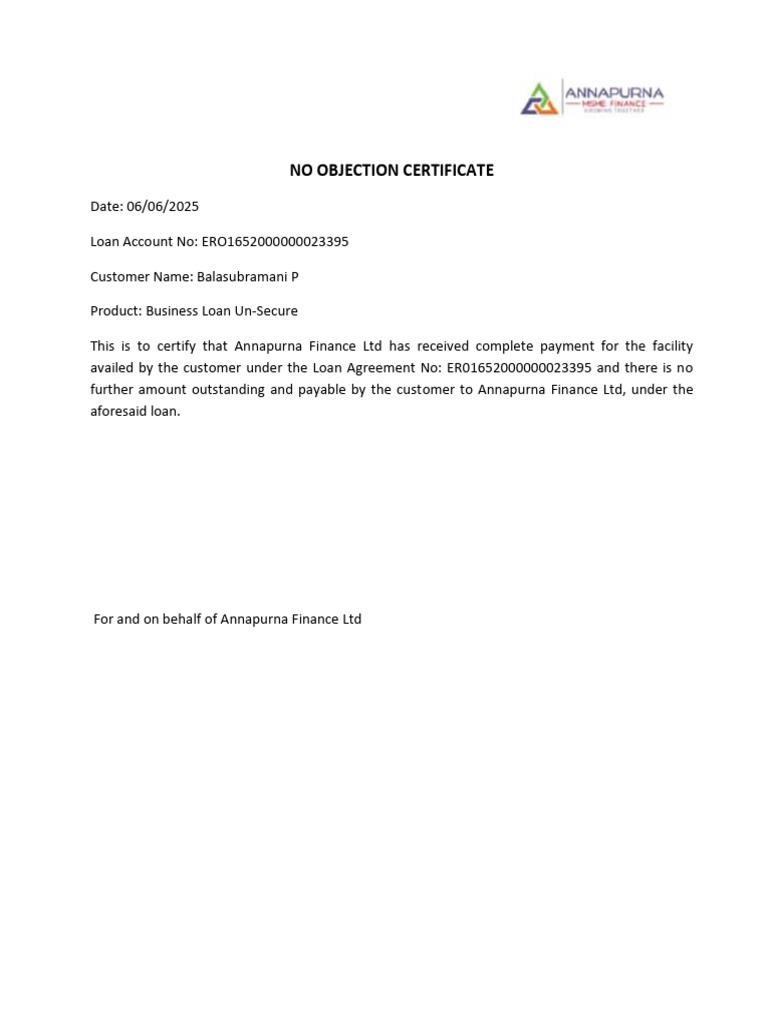 NOC Certificate for Loan Closure | PDF