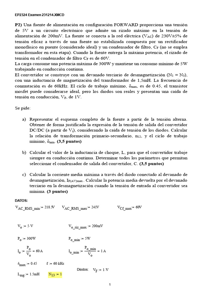 Mathcad - EP2324 Examen 231214 Problema P2 | PDF | Rectificador | Electrónica de potencia