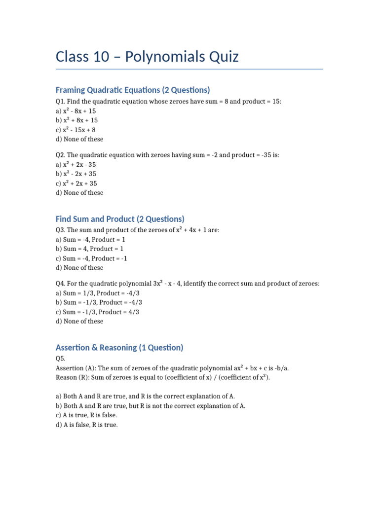 Class 10 Polynomials Quiz | PDF