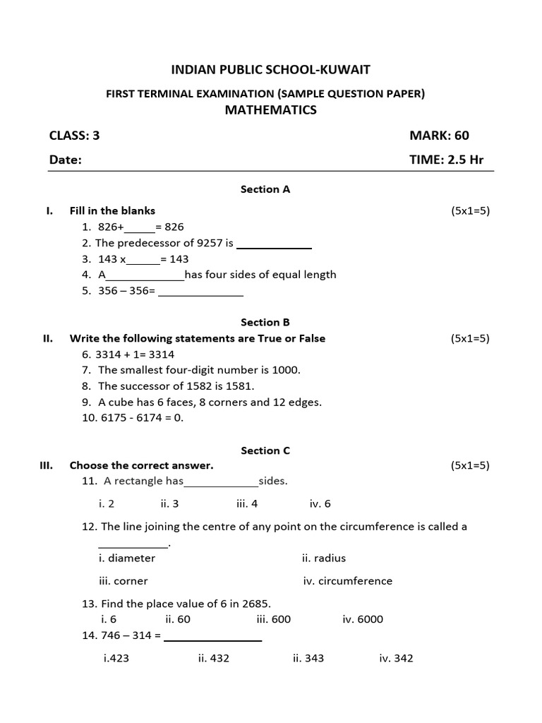 3rd Grade Sample Question Paper 2 | PDF | Subtraction | Numbers