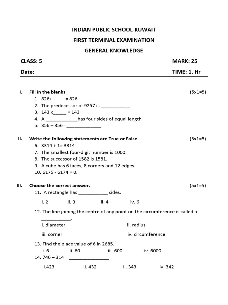 3rd Grade Sample Question Paper | PDF | Subtraction | Arithmetic