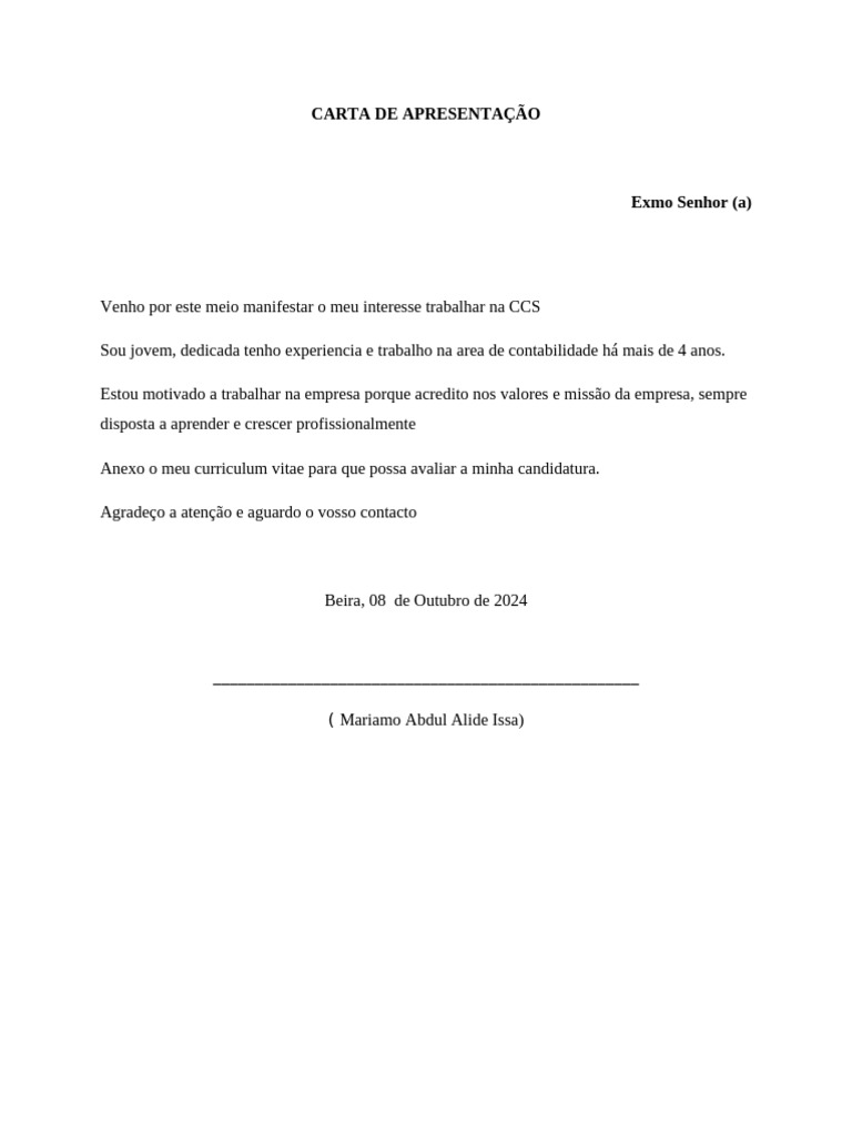 Carta de Apresentacao - Mariamo Issa | PDF