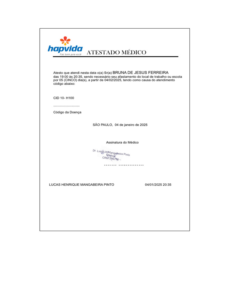 Atestado Médico - CID H100 | PDF