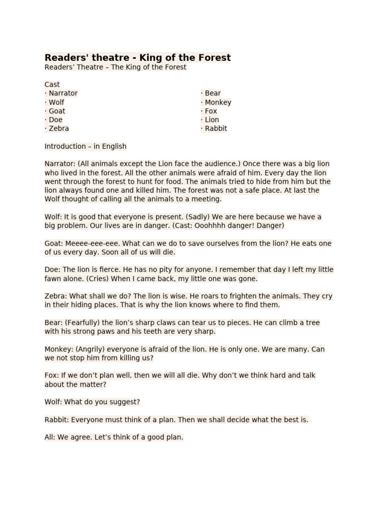 Readers Theatre - The King of The Forest | PDF | Lion