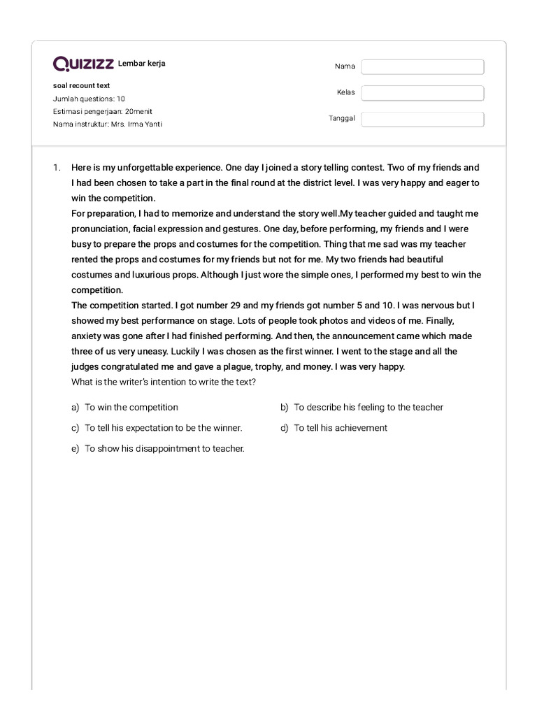 Soal Recount Text - Quizizz | PDF