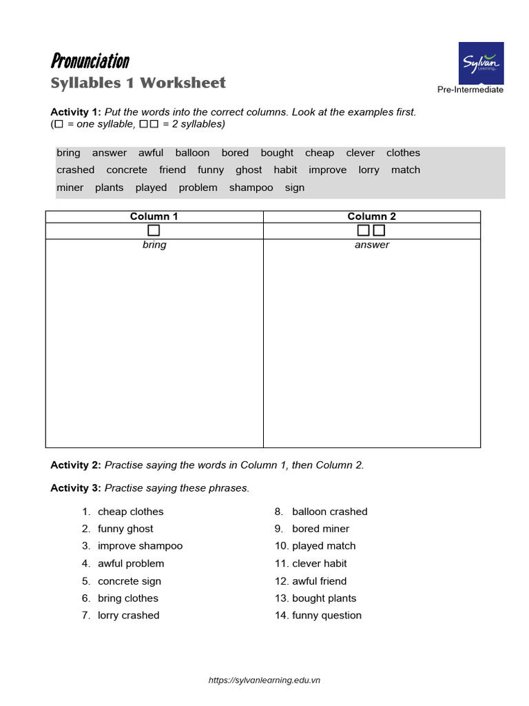 Sylvanlearning Pronunciation Syllables Set 1 | PDF