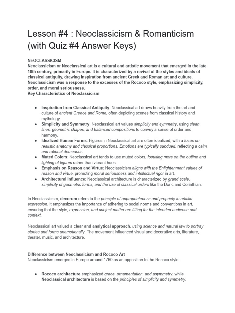 Lesson #4 - Neoclassicism & Romanticism (With Quiz #4 Answer Keys ...