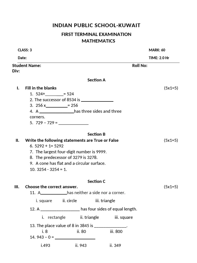 3rd Grade Question Paper | PDF | Mathematics