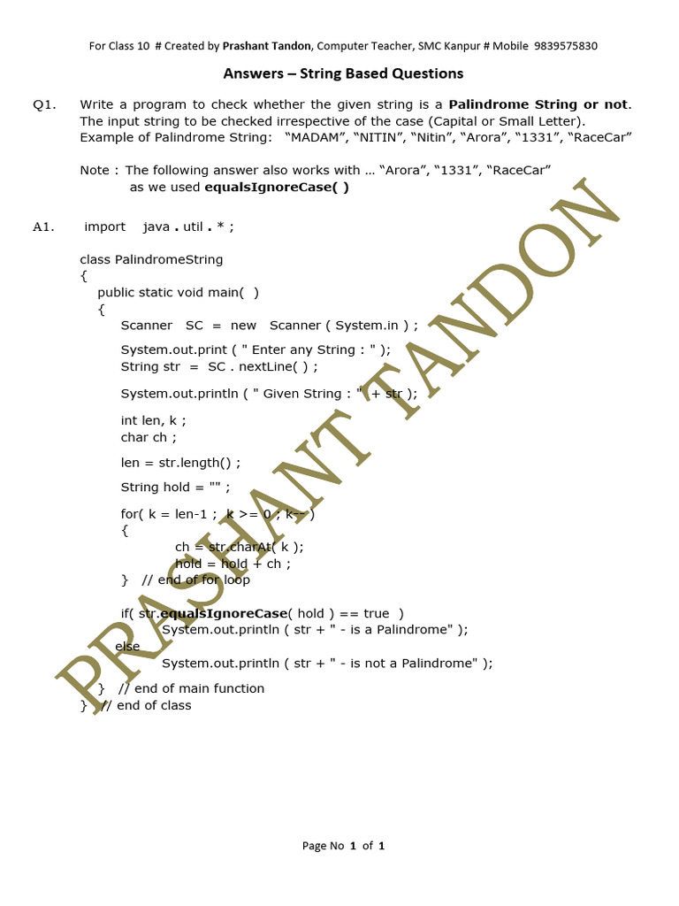 Solutions - Palindrome String - Que-1 | PDF