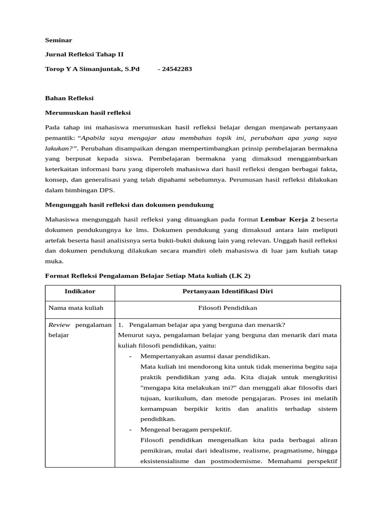 Refleksi Pembelajaran Filosofi Pendidikan | PDF