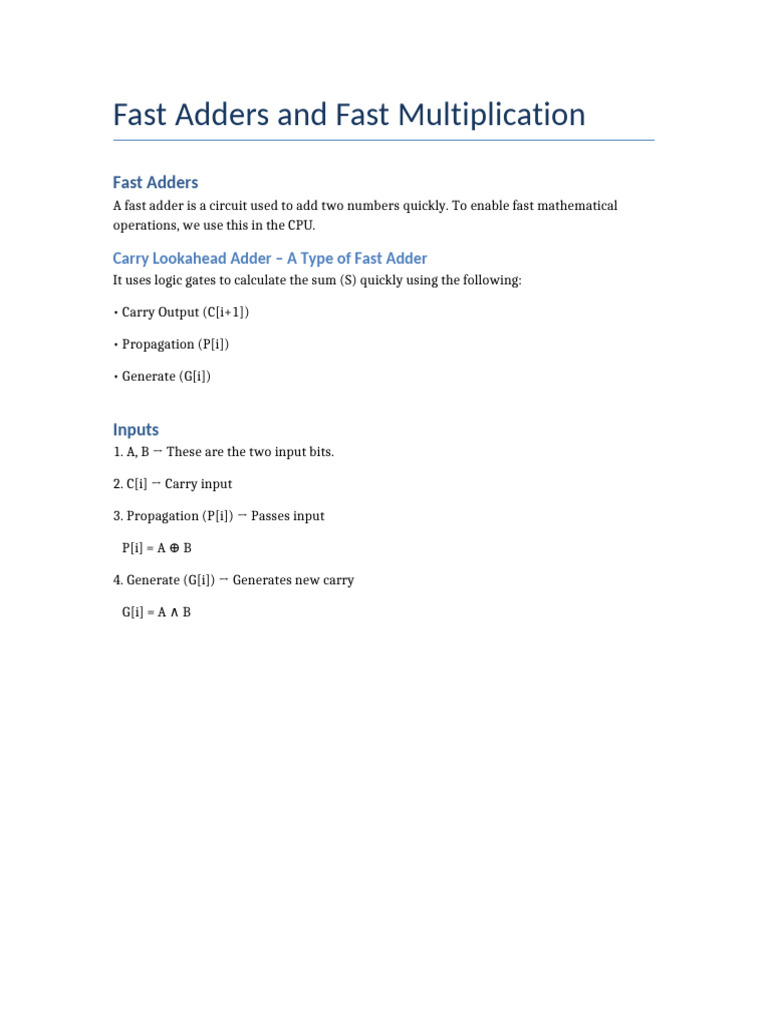 Fast Adders and Multiplication | PDF