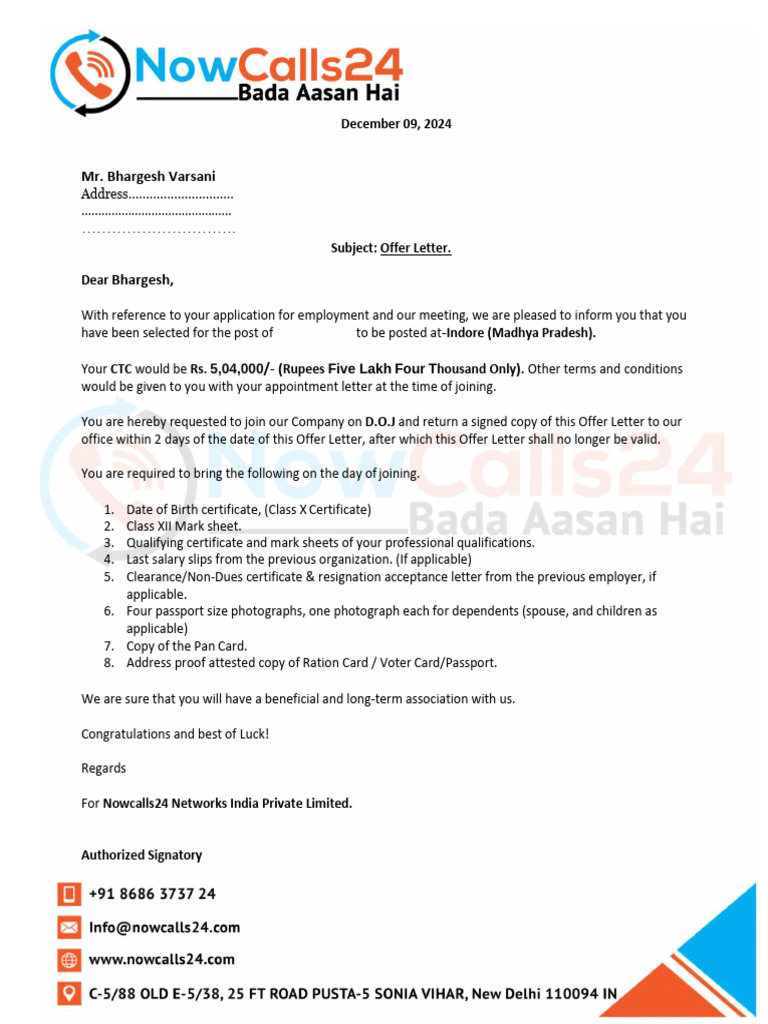 Bhargesh Varsani-Offer Letter New | PDF