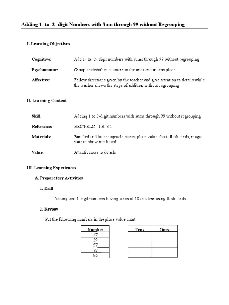Adding 1- to 2-Digit Numbers Without Regrouping | PDF