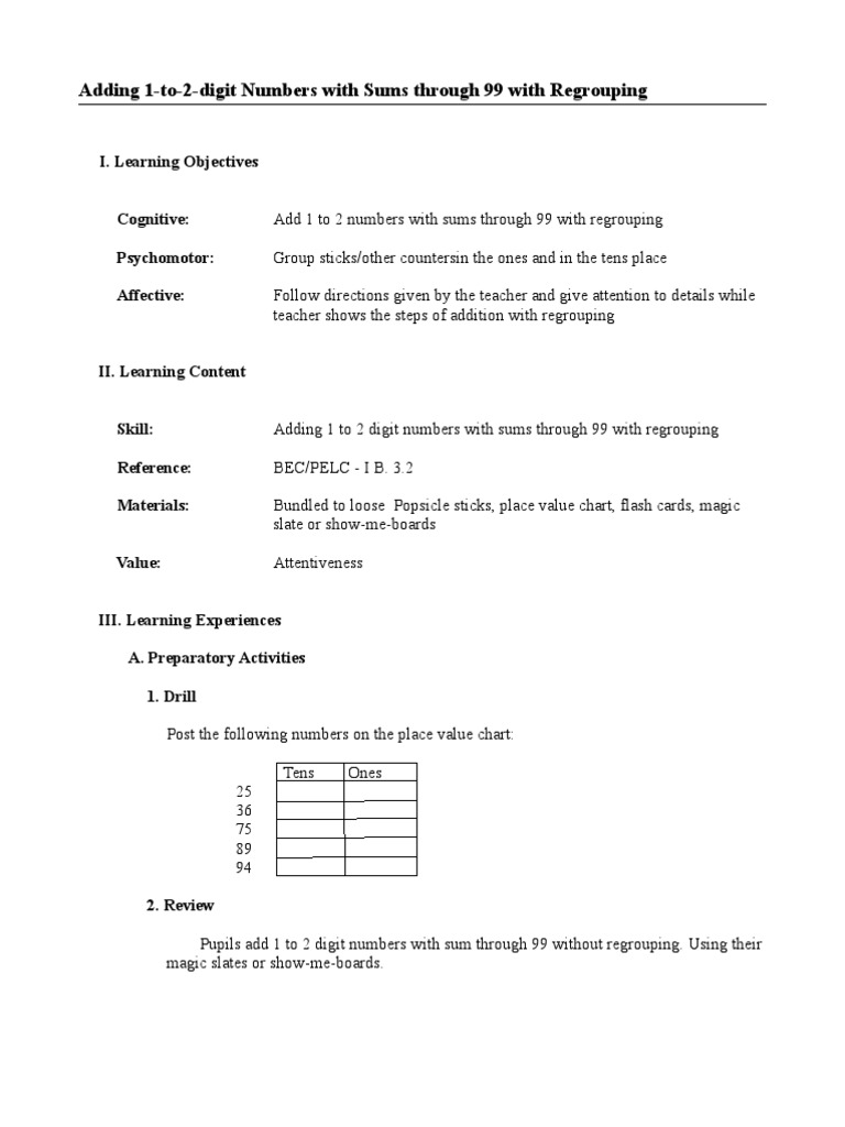 Adding 1-To-2-Digit Numbers With Sums Through 99 With Regrouping | PDF ...