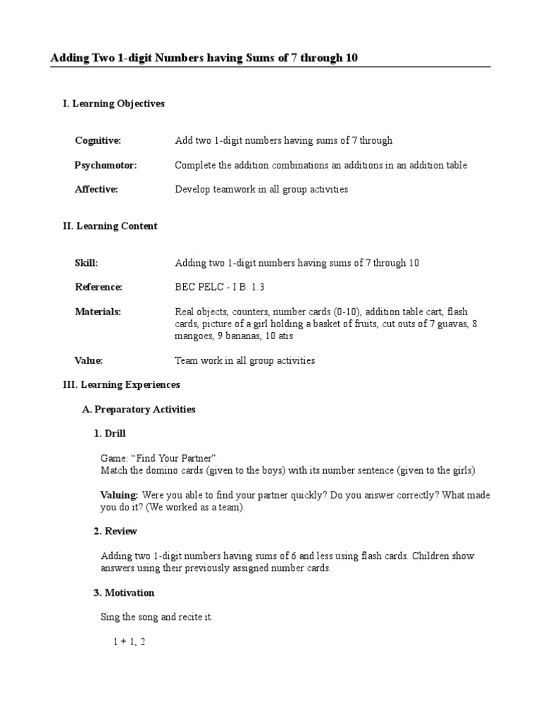 Adding Two 1 Digit NUmbers Having Sums To 7 Through 10 PDF Learning