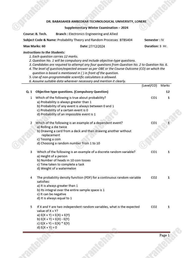 Semester 4 Probability Theory and Random Processes | PDF | Random Variable | Expected Value