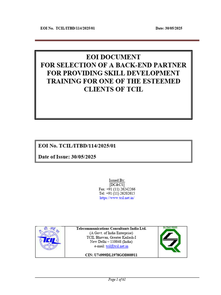 Eoi Document For Selection of A Back-End Partner For Providing Skill ...