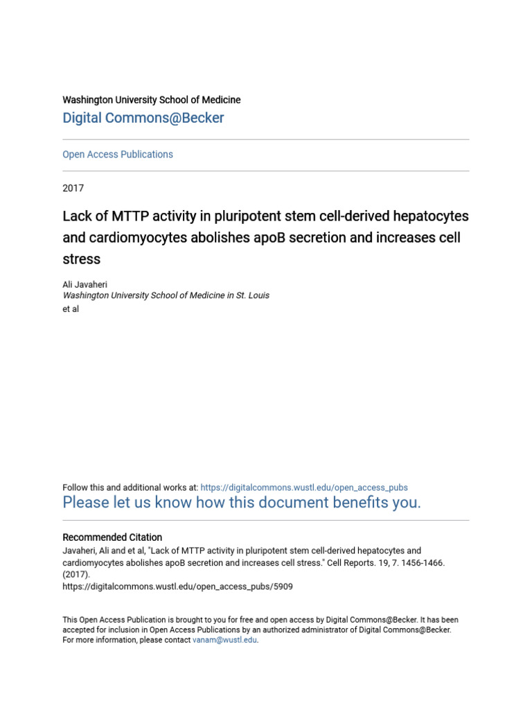 Lack of MTTP Activity in Pluripotent Stem Cell-Derived Hepatocyte | PDF | Lipoprotein | Cell Potency