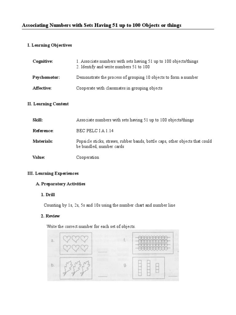 Associating Numbers With Sets Having 51 Up To 100 Objects or Things ...