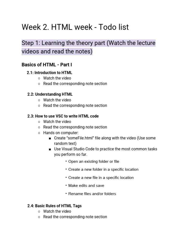 Week 2 Basics of HTML Todo List | PDF | Html | Computer File