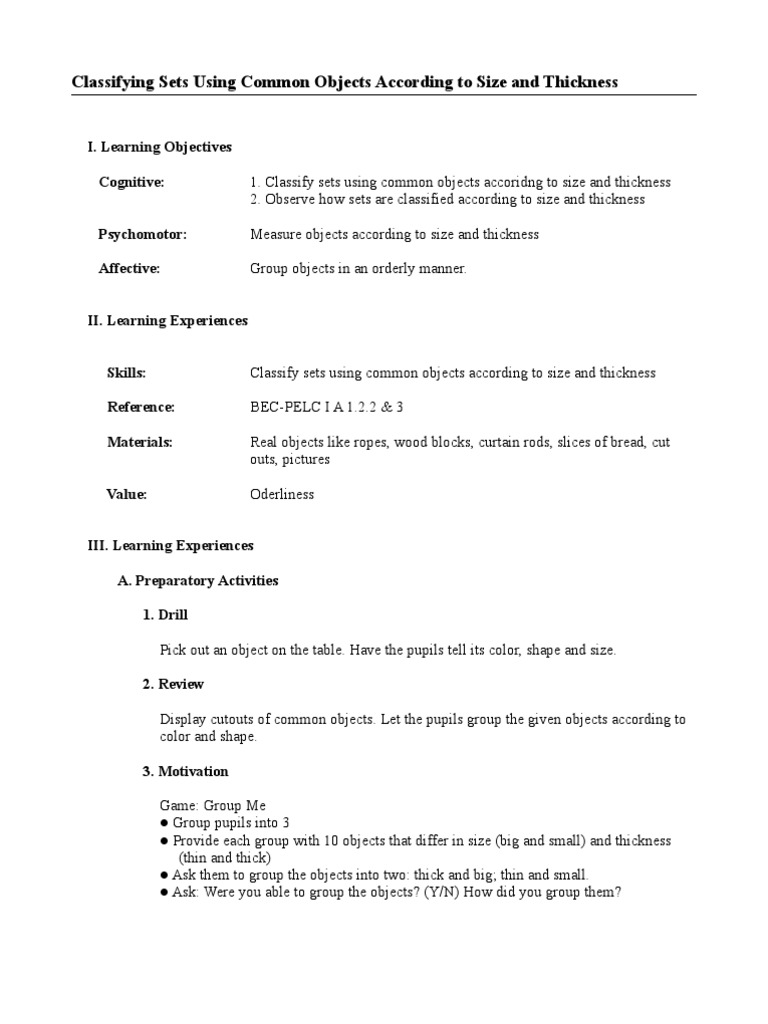 Classifying Sets Using Common Objects According To Size And Thickness Pdf Neuropsychology
