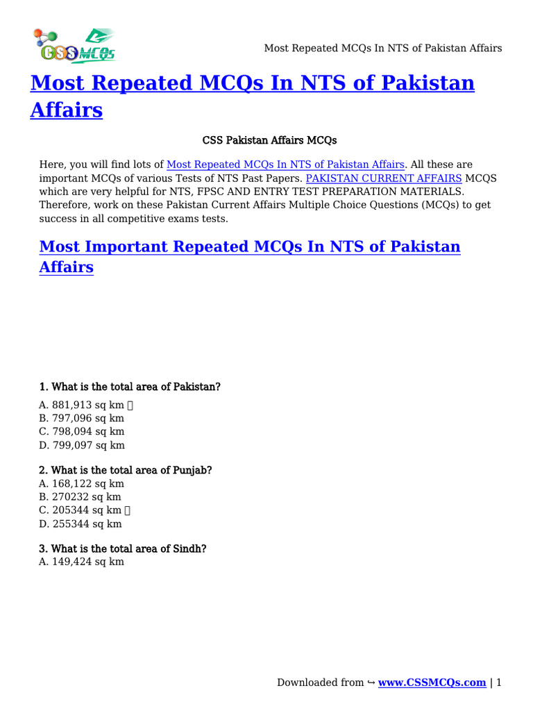 NTS Pakistan Affairs: Key MCQs Guide | PDF | Indus River | Pakistan