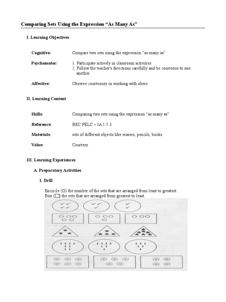Comparing Sets: "As Many As" Lesson | PDF | Learning | Communication