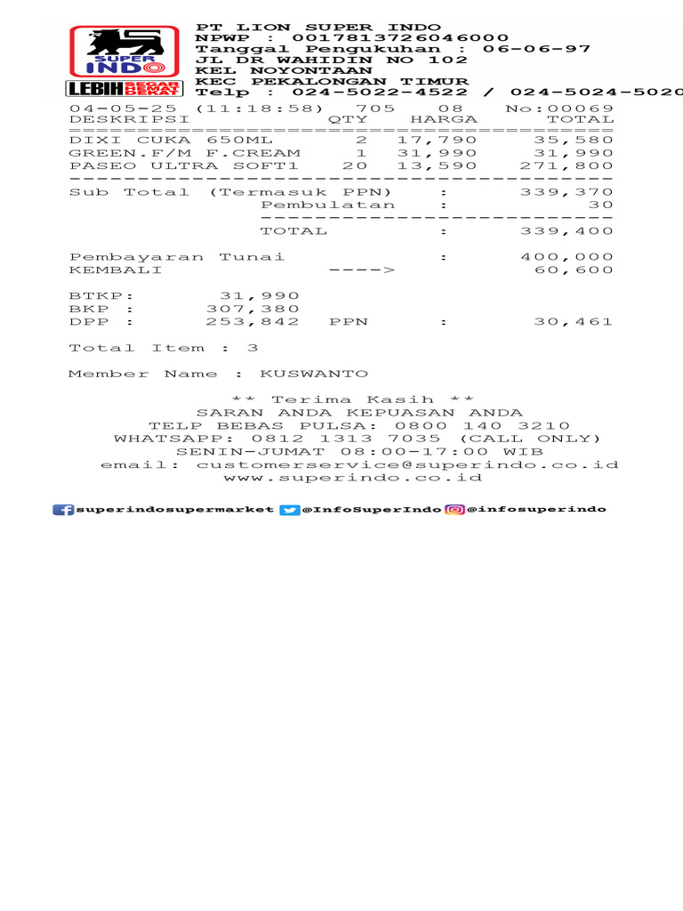 Faktur Pembelian PT Lion Super Indo | PDF
