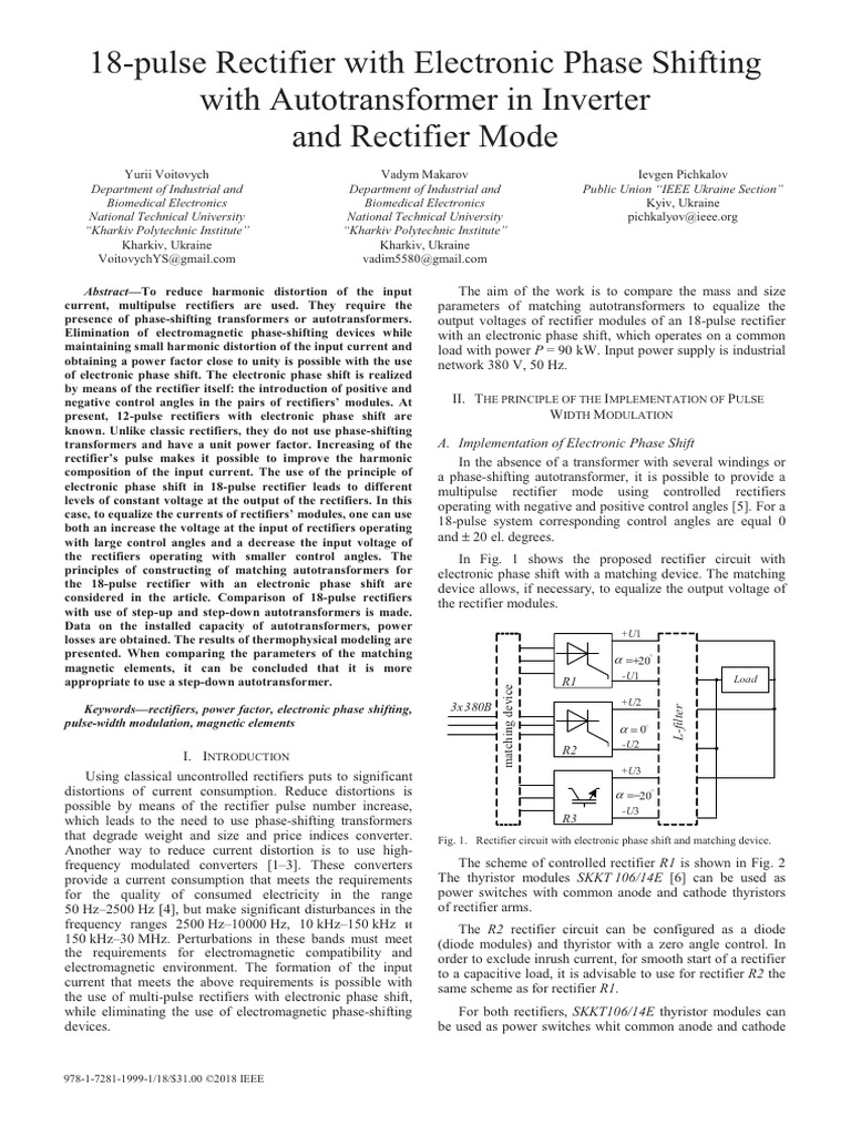 18-Pulse Rectifier With Electronic Phase Shifting With Autotransformer in Inverter and Rectifier ...