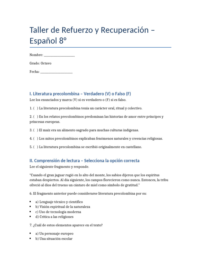 Taller Refuerzo Espanol 8 | PDF | Era precolombina