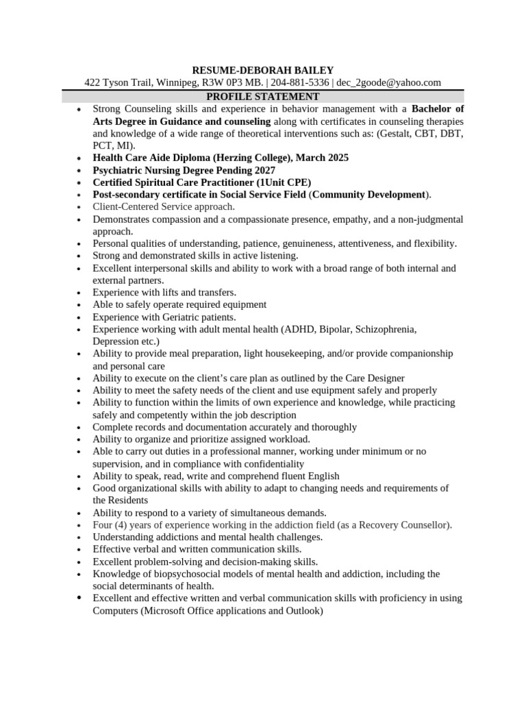 RESUME-Deborah B - Home Care Health Care Aide | PDF | Psychotherapy | Cognitive Behavioral Therapy